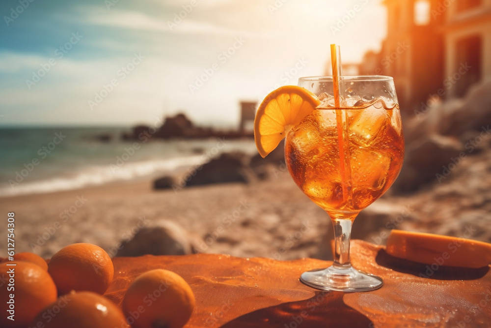 Aperol spritz cocktail against on the beach at sunny summer day the sea ...
