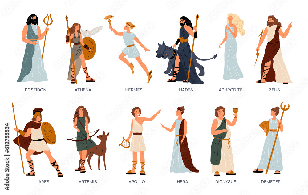 Greek pantheon. Gods and goddesses. Ancient mythology. Cartoon devine ...