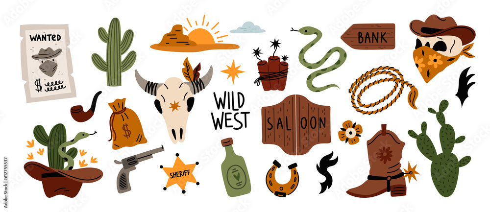 Cartoon wild west elements. Western isolated objects. Cowboy skull in ...
