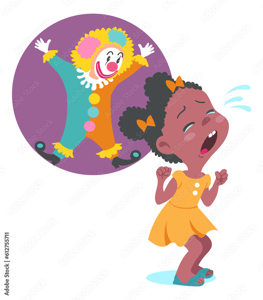 Kids fear. Crying frightened girl afraid of clown. Spooky circus ...