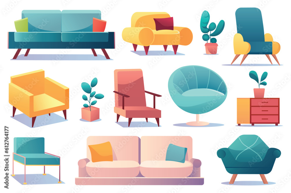 Designer furniture set. This illustration is a flat, cartoon-style set ...