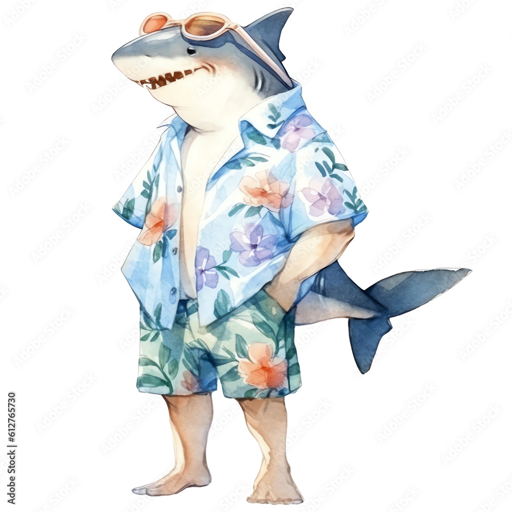 Anthropomorphic shark on summer vacation dressed in hawaiian shirt ...