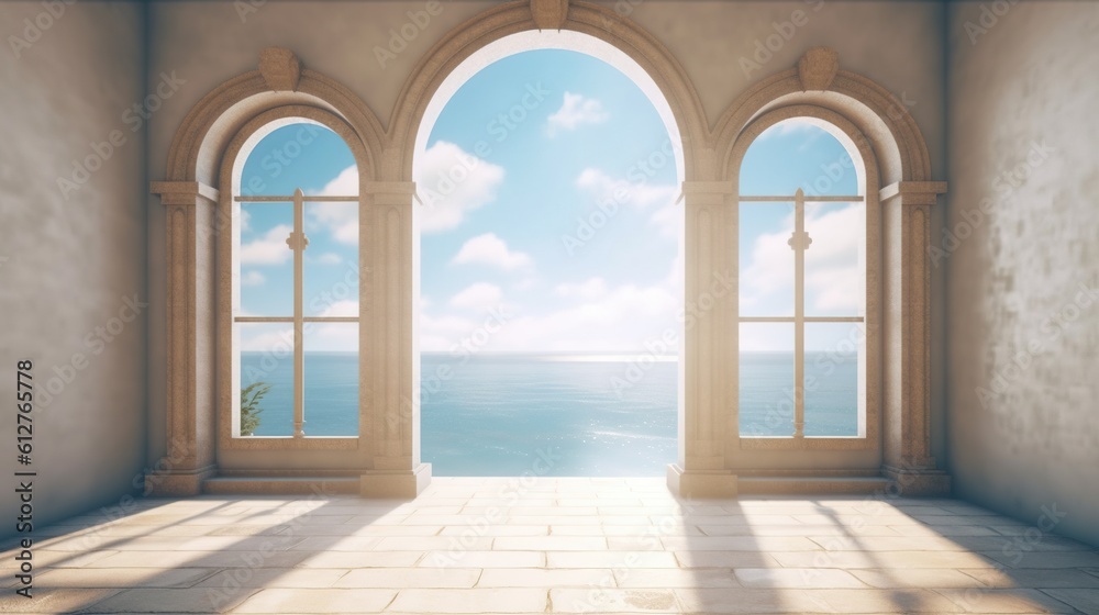 Generative AI, historic medieval stone arch windows with romantic view ...