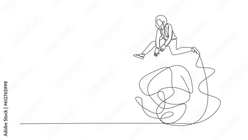 Self drawing animation of single one line draw businesswoman jumping over tangled scribble ...