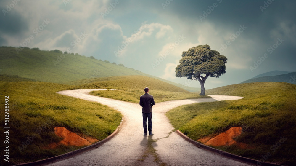 A person on two roads chooses the best chances for environmental protection. Generative Ai ...