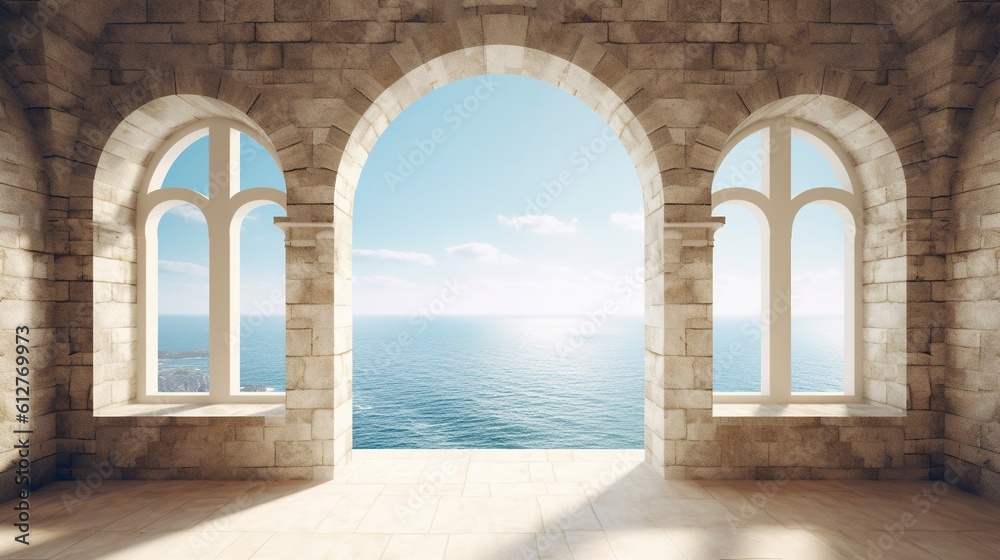 Generative AI, historic medieval stone arch windows with romantic view ...