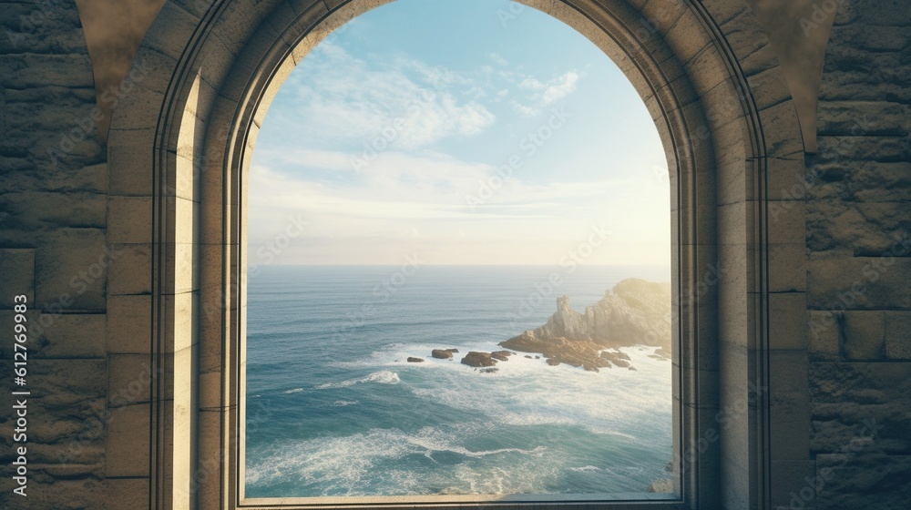 Generative AI, historic medieval stone arch windows with romantic view ...