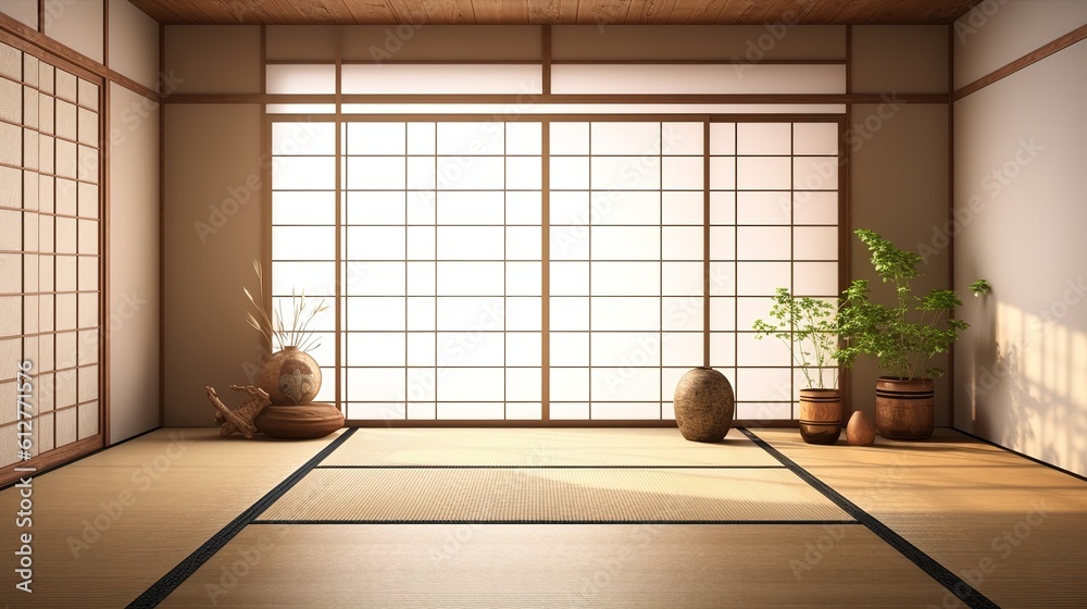 Empty traditional Japanese room with tatami mat floor, wood shoji ...
