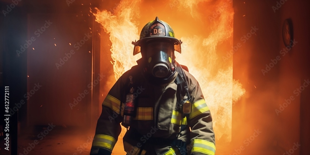 firefighter training., fireman using water and extinguisher to fighting ...