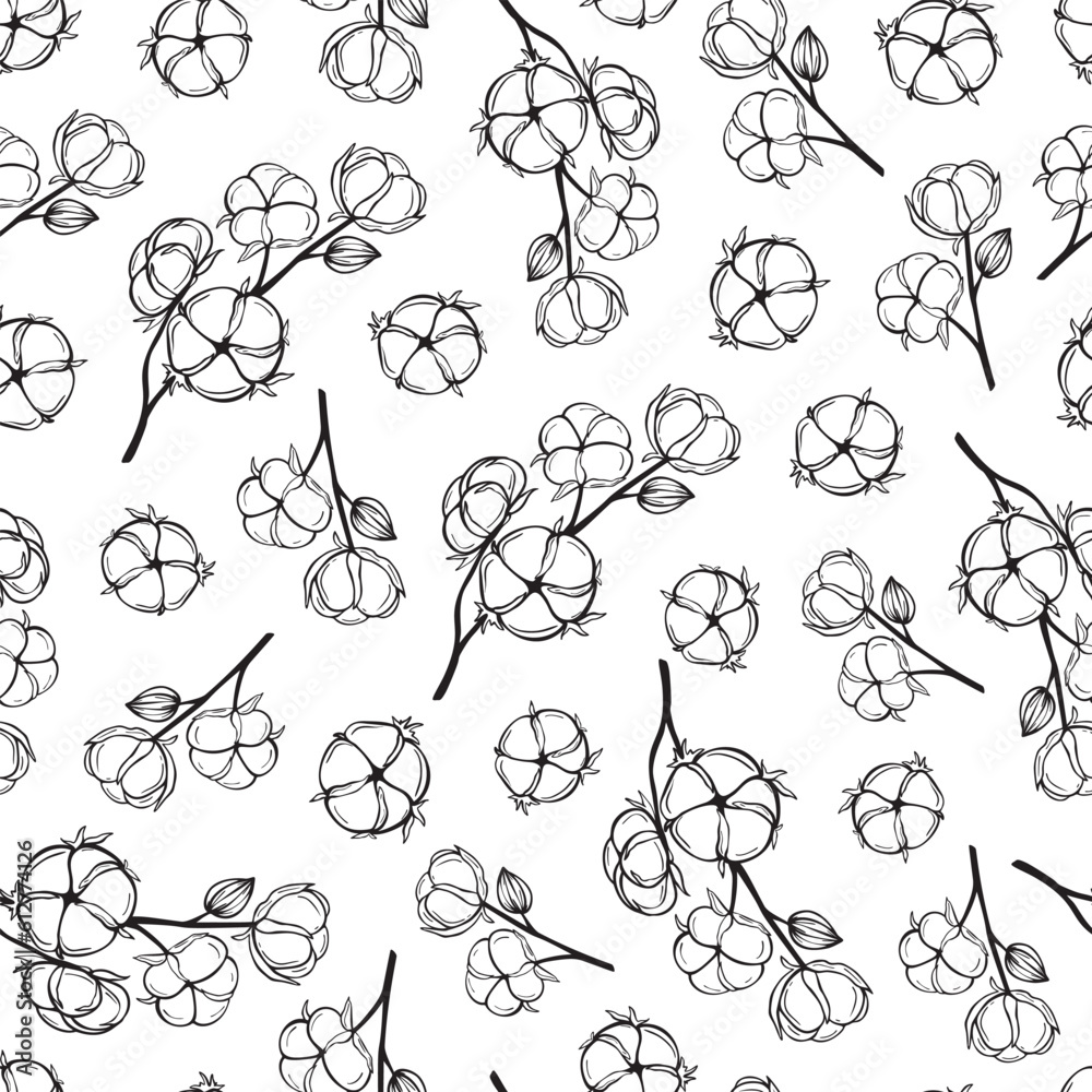 Hand drawn seamless pattern of black and white cottons. Botanical ...
