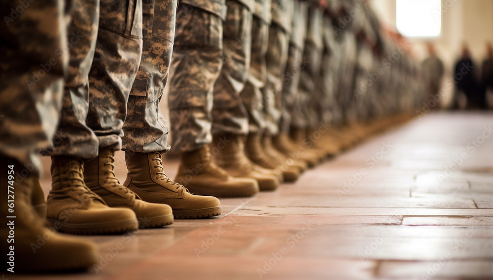 Section of soldiers legs in military uniform and boots standing in line ...