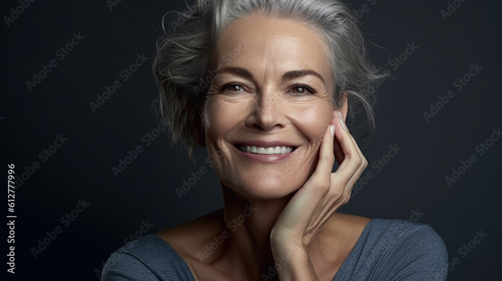 Happy middle aged woman model touching face skin looking in mirror ...