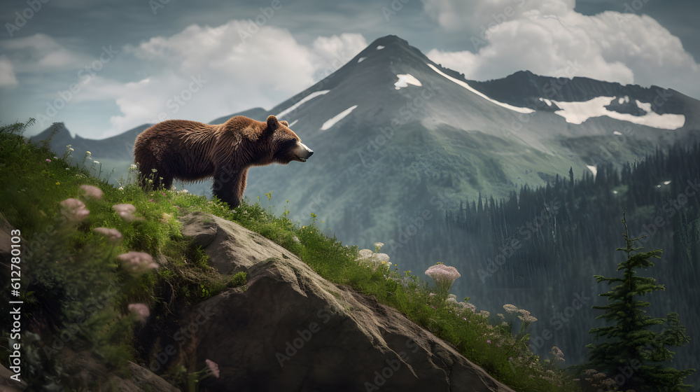 A stunning photograph of a mighty grizzly bear standing atop a rocky ...