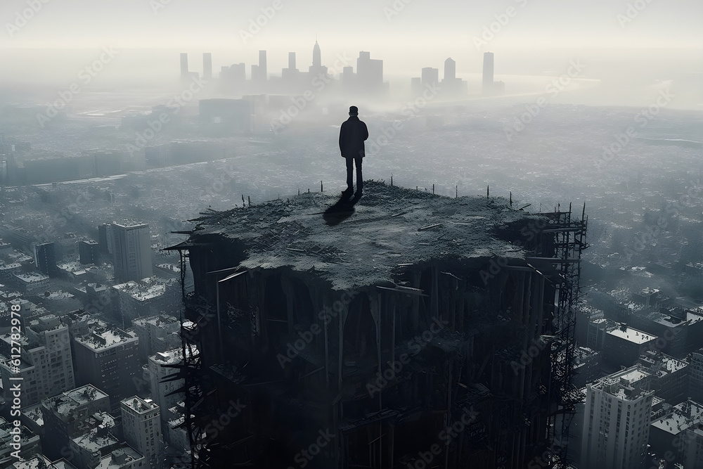 Back view of person standing on roof top looking to a dystopian post ...