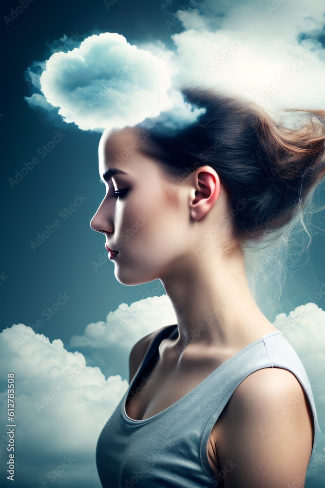 A powerful image portraying a young woman lost in thoughts with cloud ...