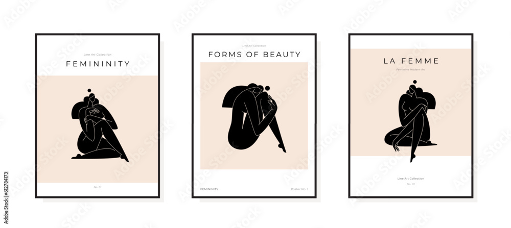 Contemporary abstract poster collection. Nude female body, woman ...