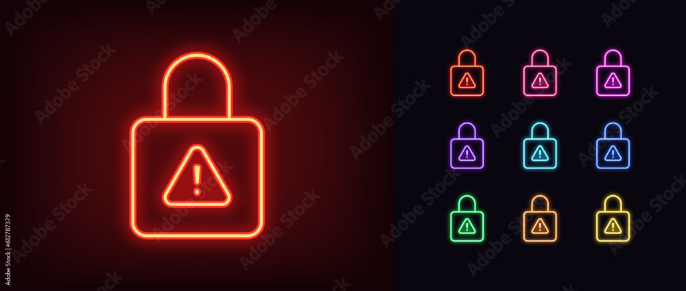 Outline neon lock warning icon set. Glowing neon lock with exclamation ...