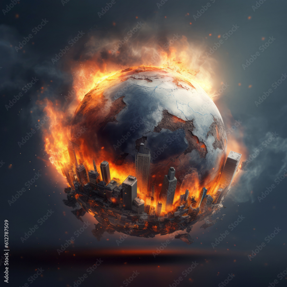 Earth globe collapse, burning, destroyed by fire. Conceptual ...