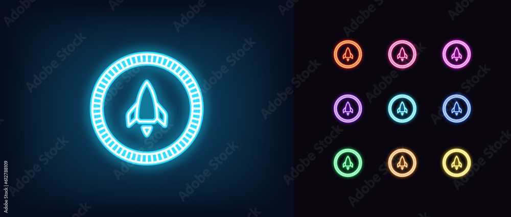 Vetor de Outline neon rocket token icon set. Glowing neon token with ...