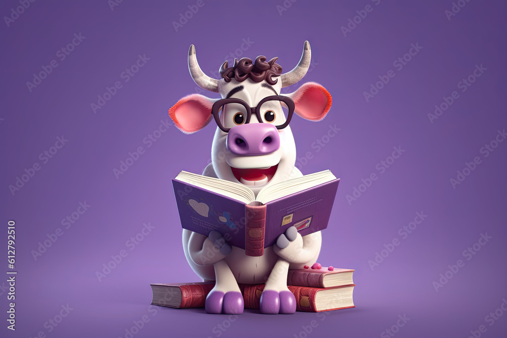 Cute cow reading book 3D cartoon character Stock Photo | Adobe Stock