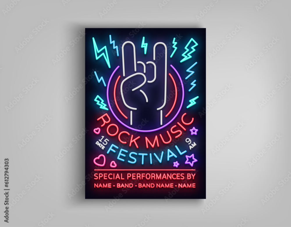 Rock Music Night Party flyer design template. Rock and Roll Neon Sign ...
