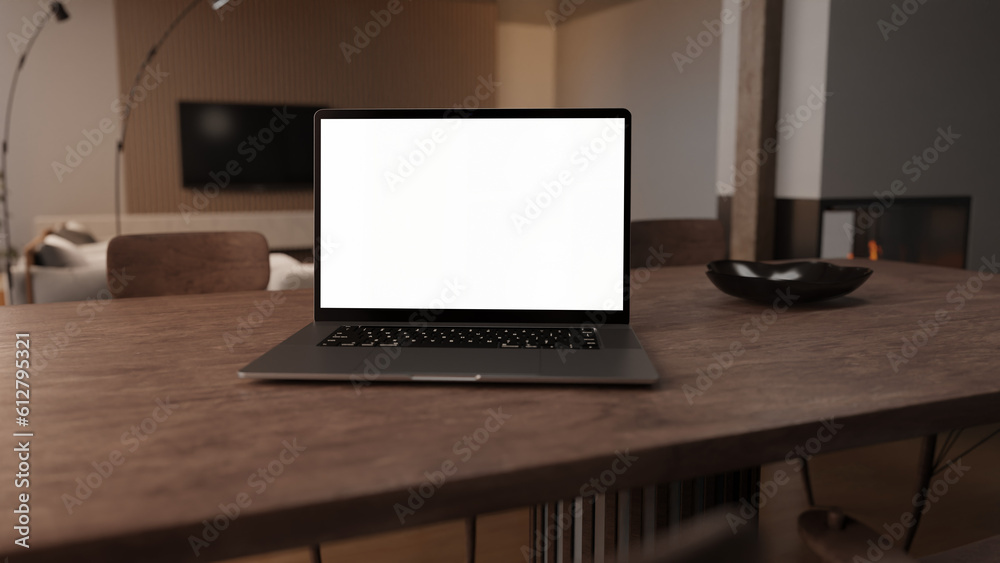 laptop on a table in a modern living room with transparent screen for ...