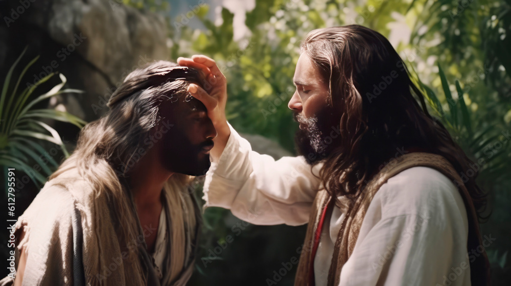 Jesus heals the sight of a man born blind. Generative AI Stock Illustration | Adobe Stock