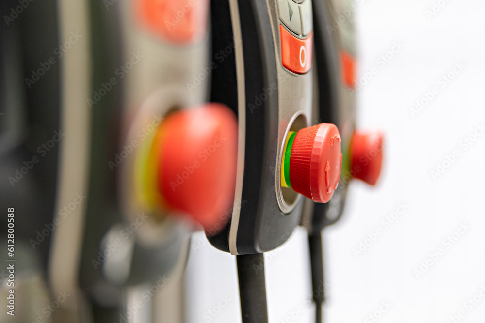 Emergency stop button. hand press emergency button of machine. Concept ...