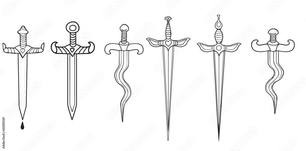 Vector line art dagger design set heroic knife icon symbol contour ...