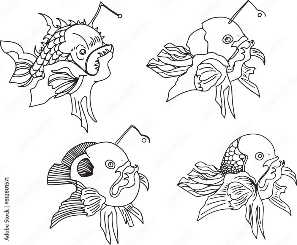 Angler fish hand drawn fantasy creature silhouette illustration cartoon ...