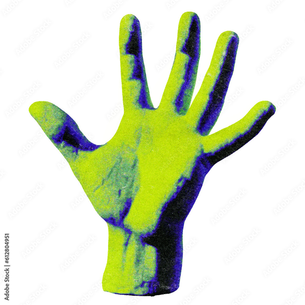 Open hand palm collage element in acid style isolated on transparent ...