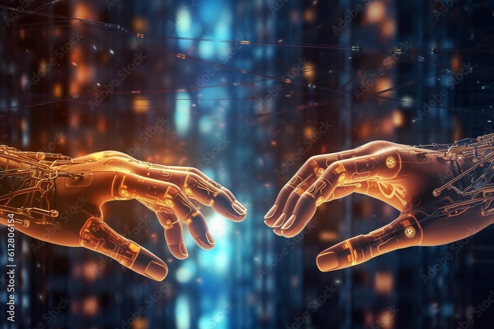 AI, Machine learning, Hands of robot and human touching on big data ...