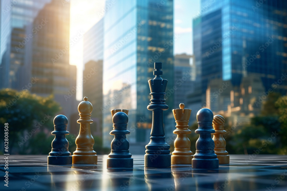 chess pieces on the background of skyscrapers and office buildings, the ...