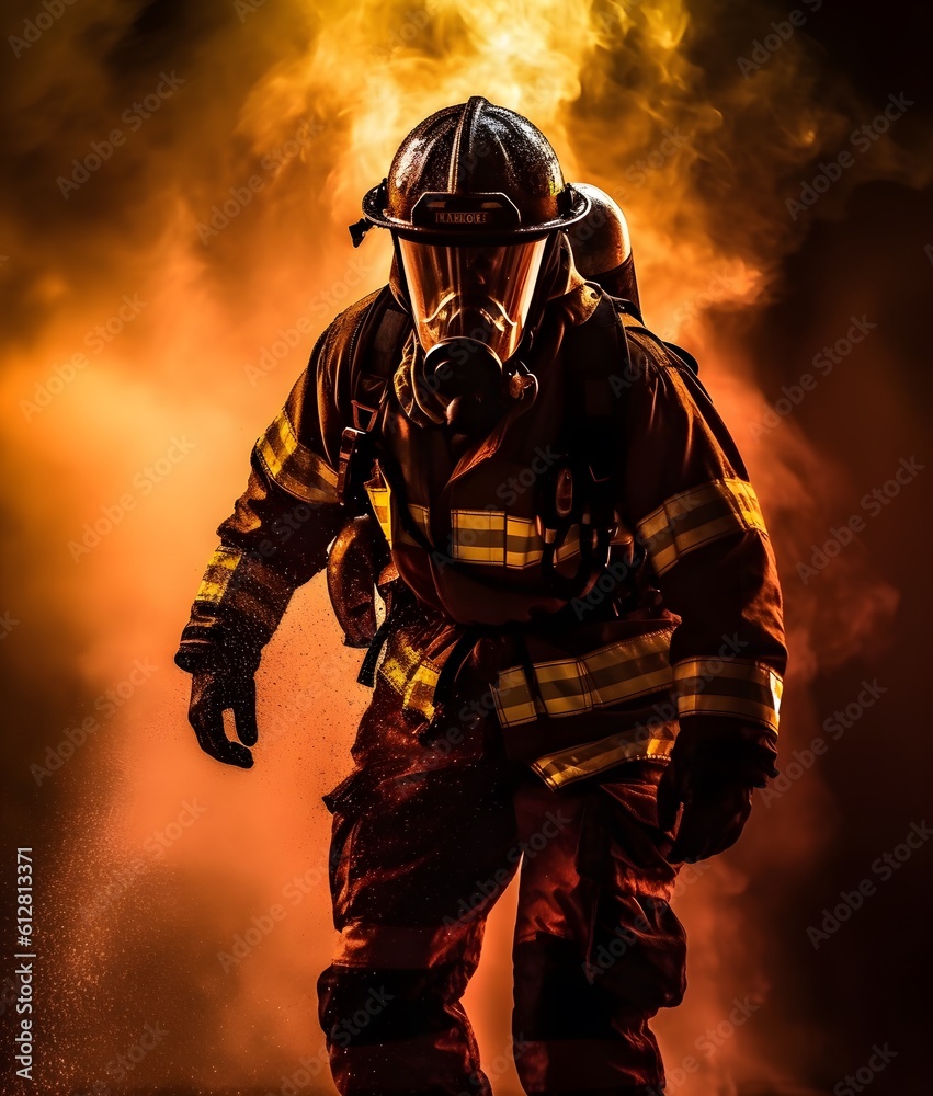 Fighting a roaring fire is a firefighter wearing full gear. Generative ...