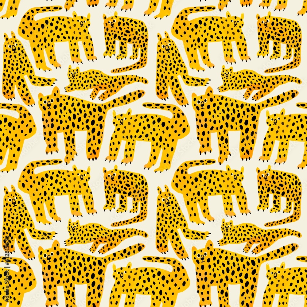 Group of the cute funny Leopards. Abstract, quirky cartoon style. Hand ...