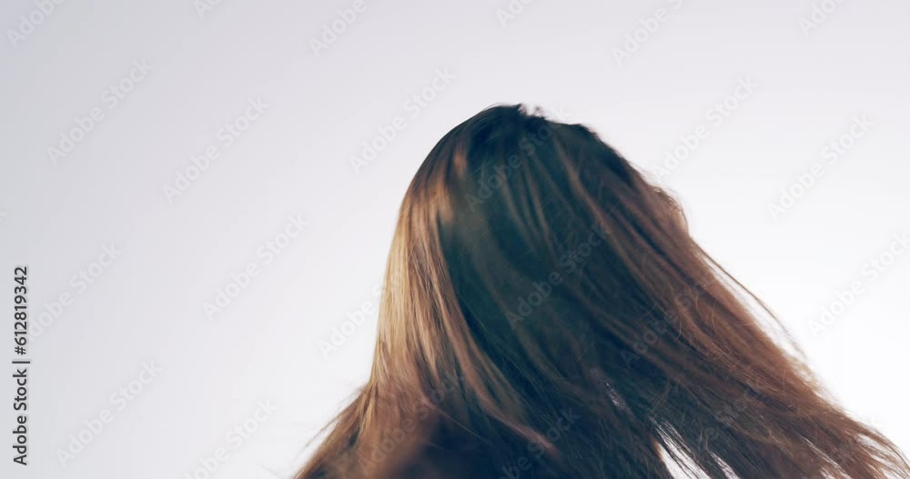 Hair shake, beauty and face of woman in studio for wellness, haircare ...