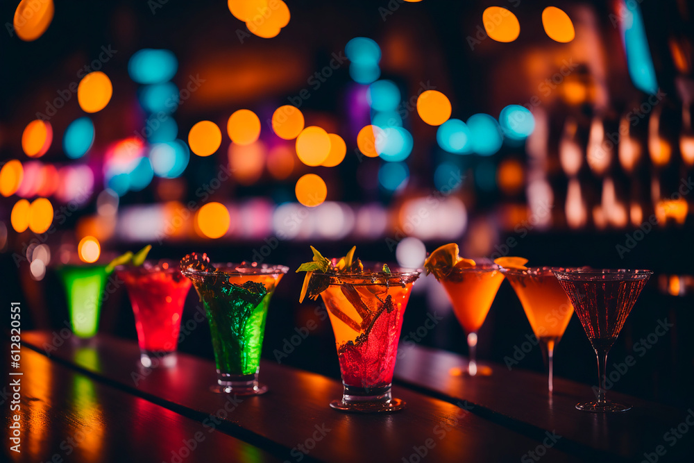 Many various cocktails are on the bar counter at the night time in the ...