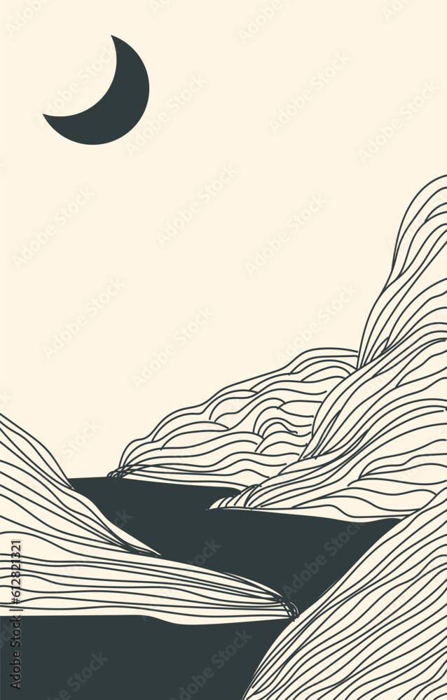 Line art in Japanese style, vector art, mountains rivers, moon ...