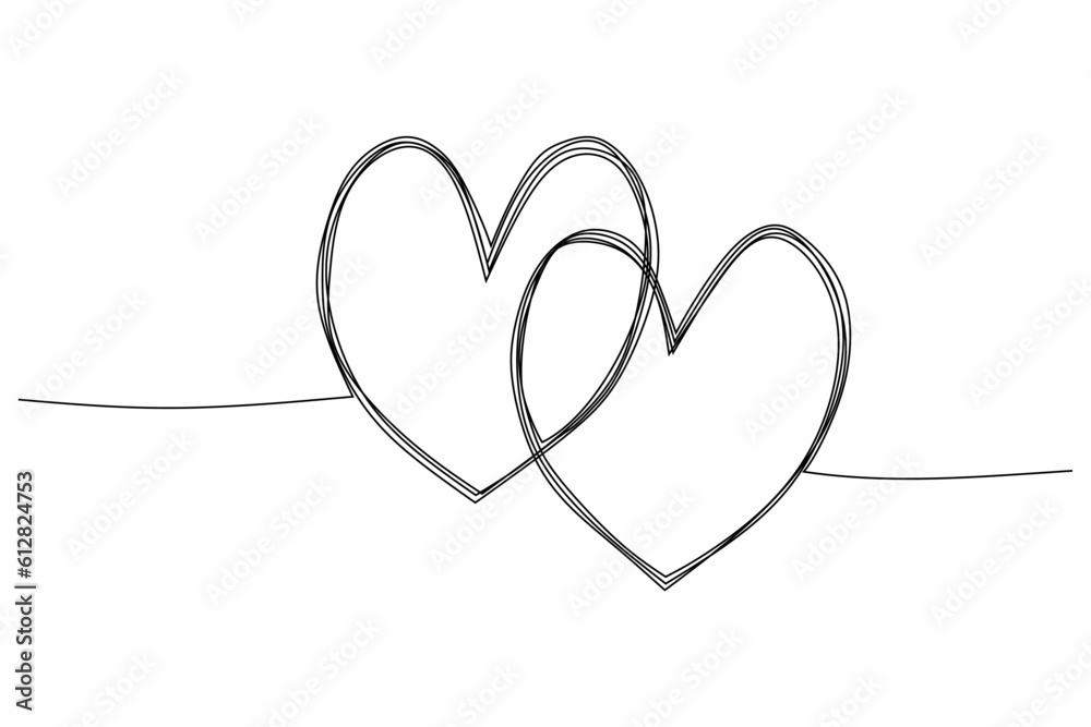 Two linked heart, continuous one line drawing. Double heart hand drawn ...