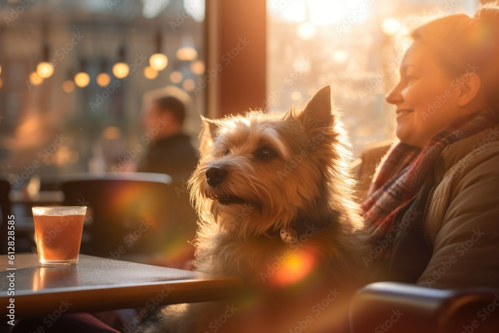 Dog and its owner sitting in a pet-friendly cafe created with ...