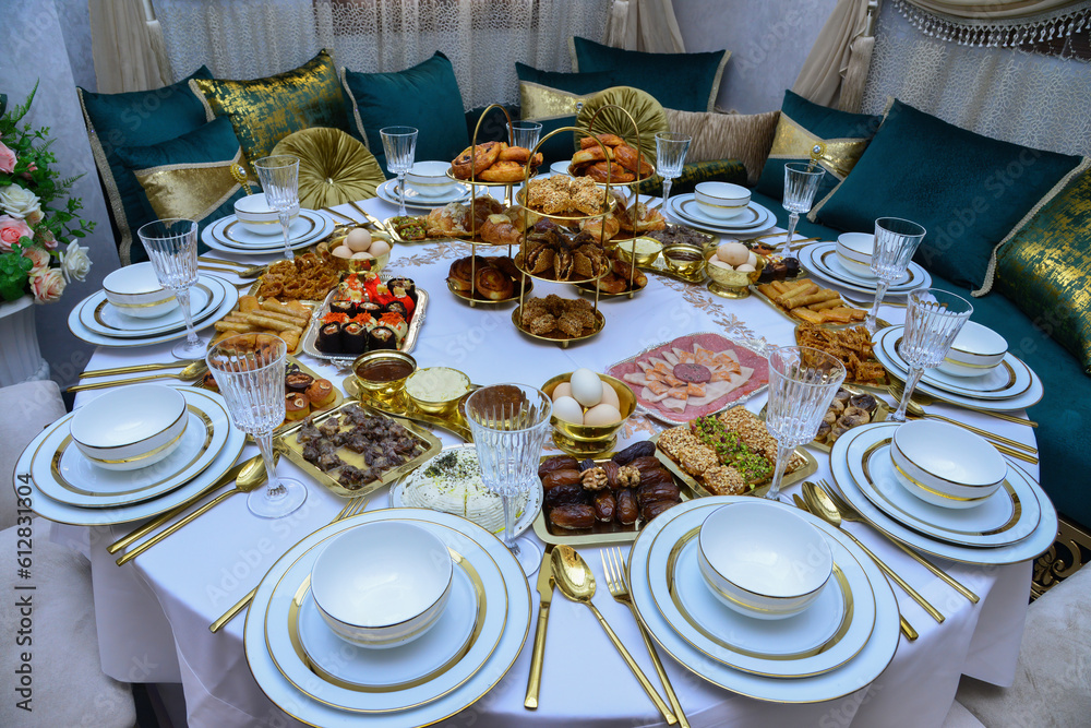 Moroccan Algerian breakfast table. Vintage background with different ...