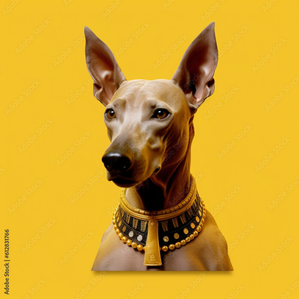 Egyptian dog. Dog on a yellow background in Egyptian clothing. Pharaoh ...