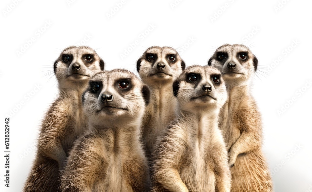 Cheerful group of suricate on a white background. Generative AI. Stock ...