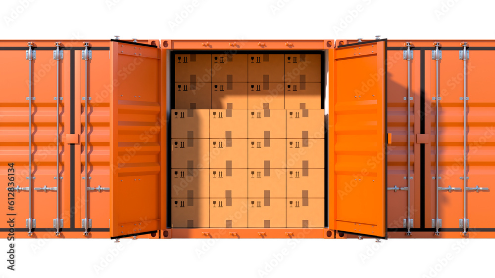 Three ship cargo containers, two with closed doors and one with open ...