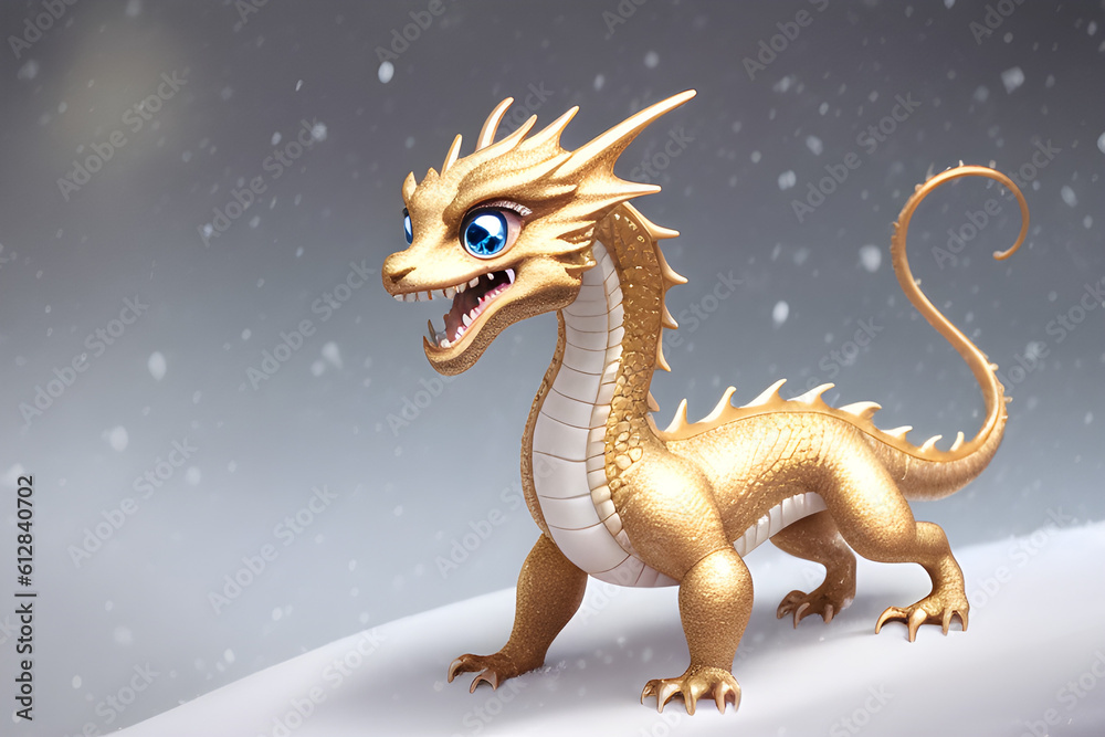 Extremely detailed gold dragon baby in snow on isolated white ...