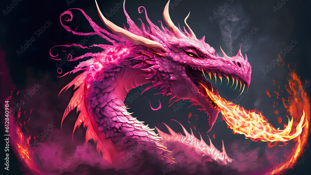 Pink dragon breathing fire in front of dark background Created with ...