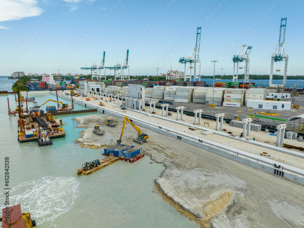 Aerial photo Port of Miami construction growing expansion dredging ...