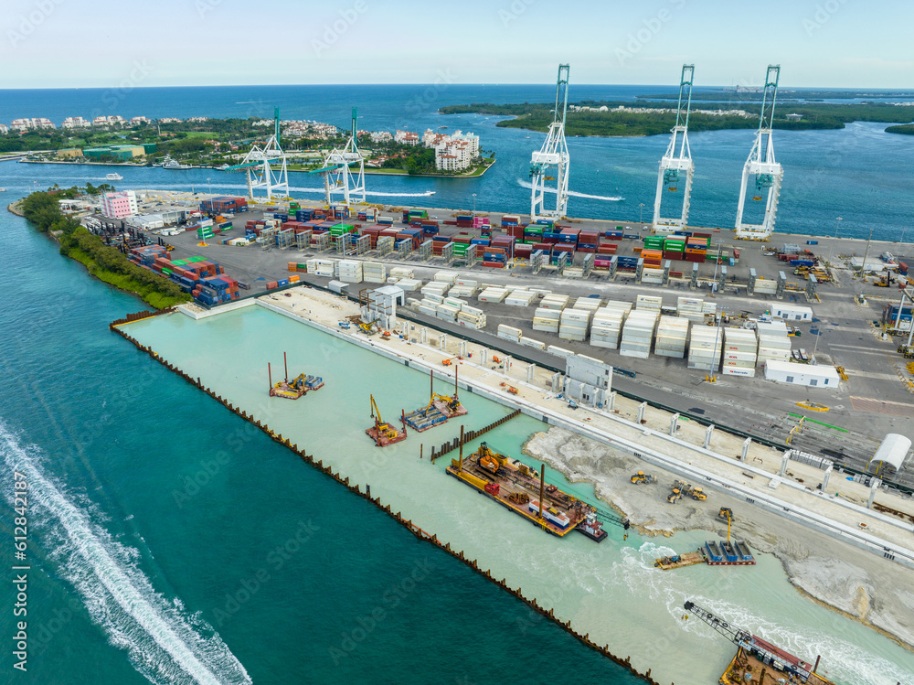 Aerial photo Port of Miami construction growing expansion dredging ...