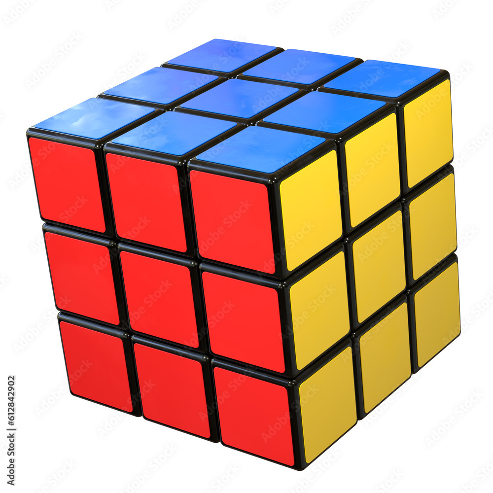 Finished Rubik's Cube. Red, Blue and Yellow Sides. Combination Puzzle ... Finished Rubik's Cube. Red, Blue and Yellow Sides. Combination Puzzle ...