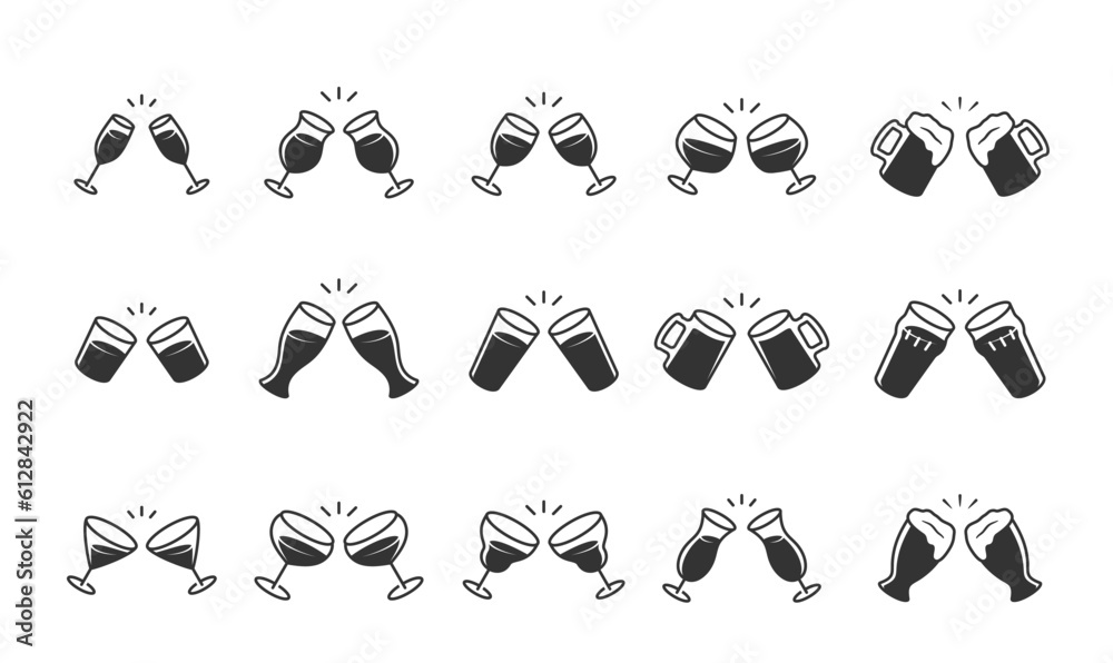 Vector Icon Set of Clinking Glasses. Cocktail, Wine, Beer, Champagne ...